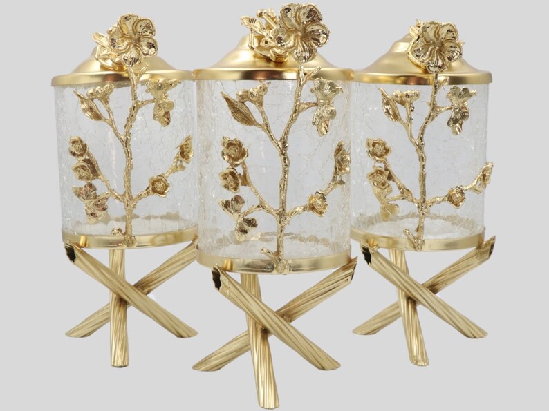 Canister Set for Kitchen Gold Glass Storage Coffee Tea Herbal and ...