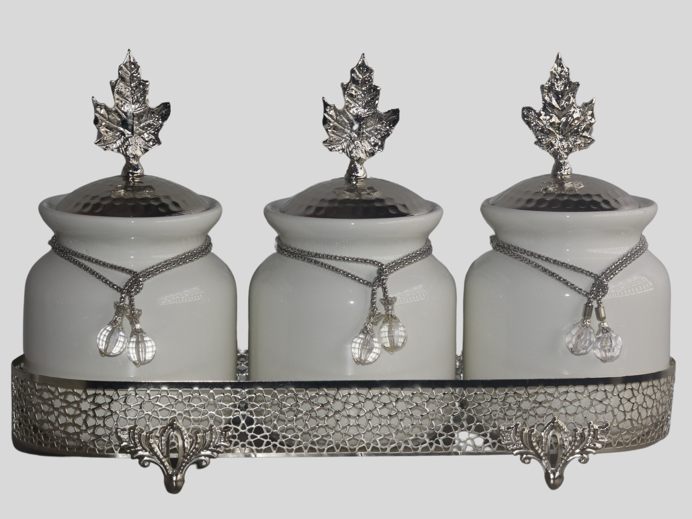 Gold Kitchen Decor: Set of 3 White Ceramic Canisters in Gold Stand ...