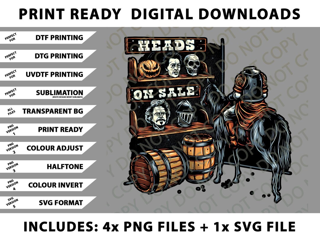 Heads on Sale, Headless Horseman, Sleepy Png Bundle, SVG Files, Digital ...