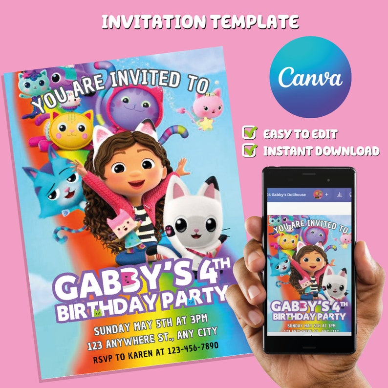 Gabby's Dollhouse Birthday Party Invitation Template, Printable Gabby ...