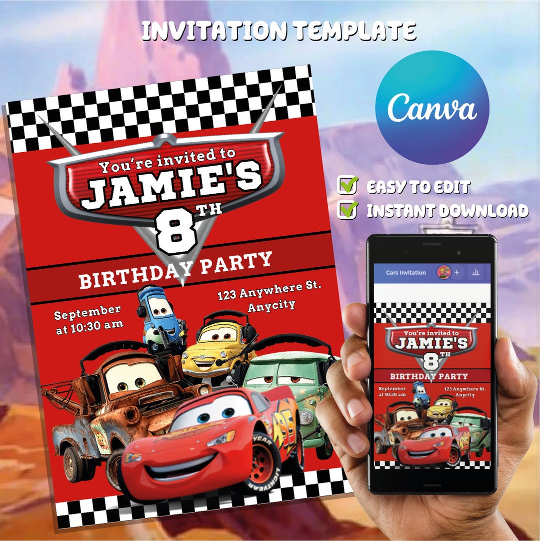 Cars Movie Birthday Party Invitation Template, Printable Lightning ...
