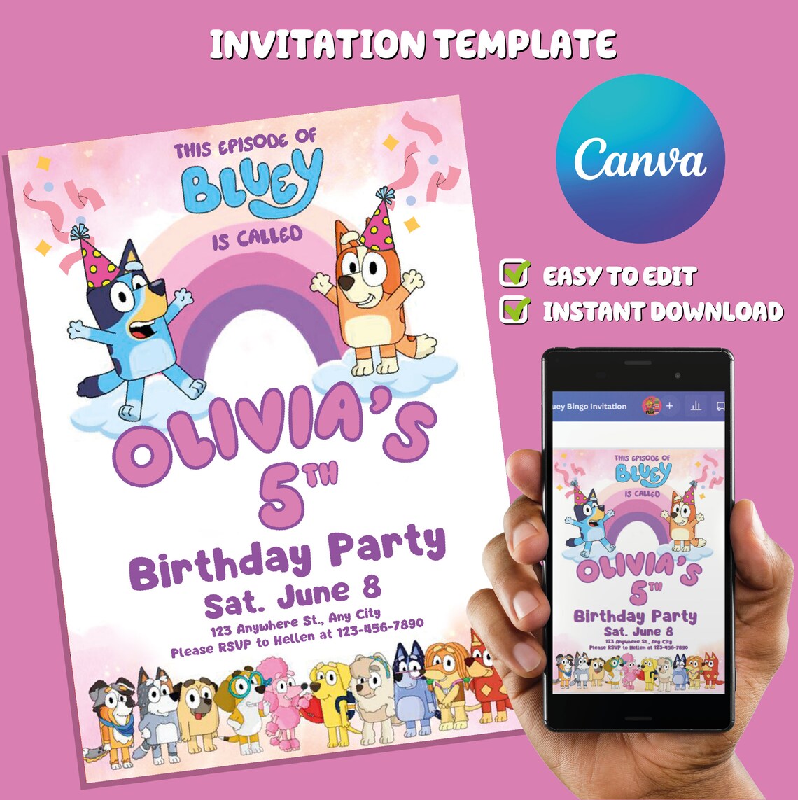 Bluey Bingo Birthday Party Invitation Template, Printable Blue Dog Girl ...