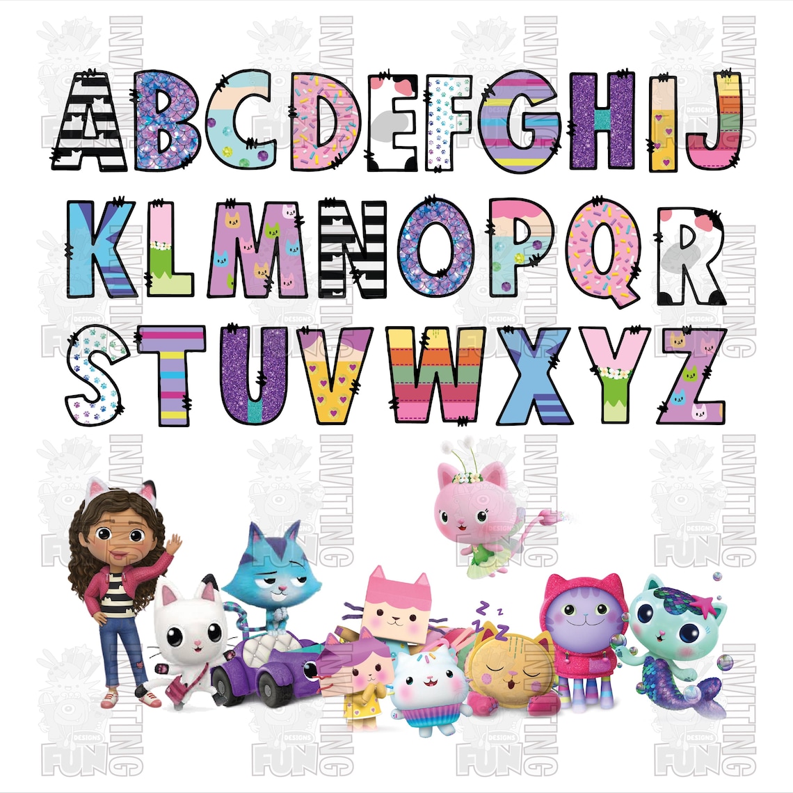 Gabby's Dollhouse Alphabet PNG Font Bundle, Gabby Doodle Letters Set ...