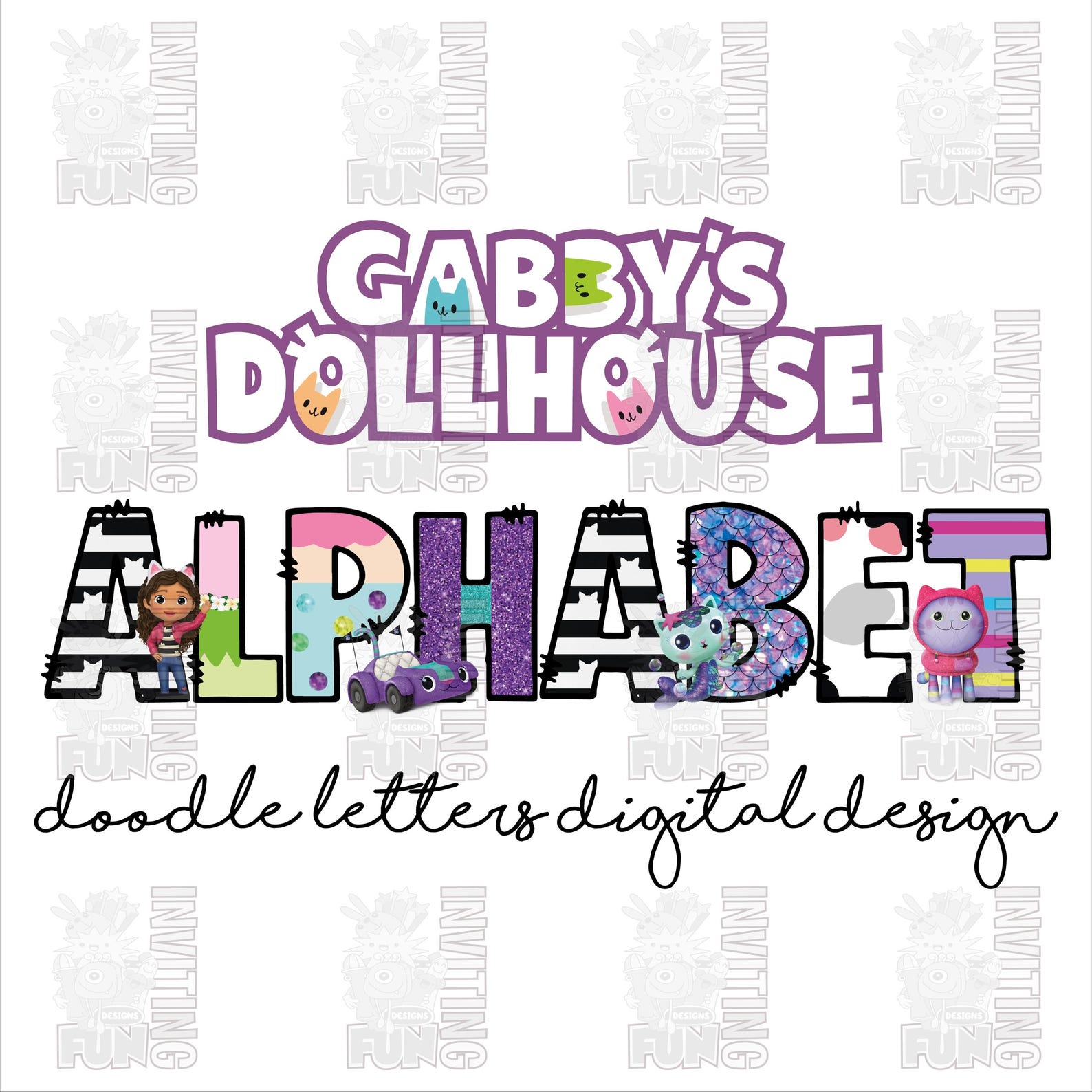 Gabby's Dollhouse Alphabet PNG Font Bundle, Gabby Doodle Letters Set ...