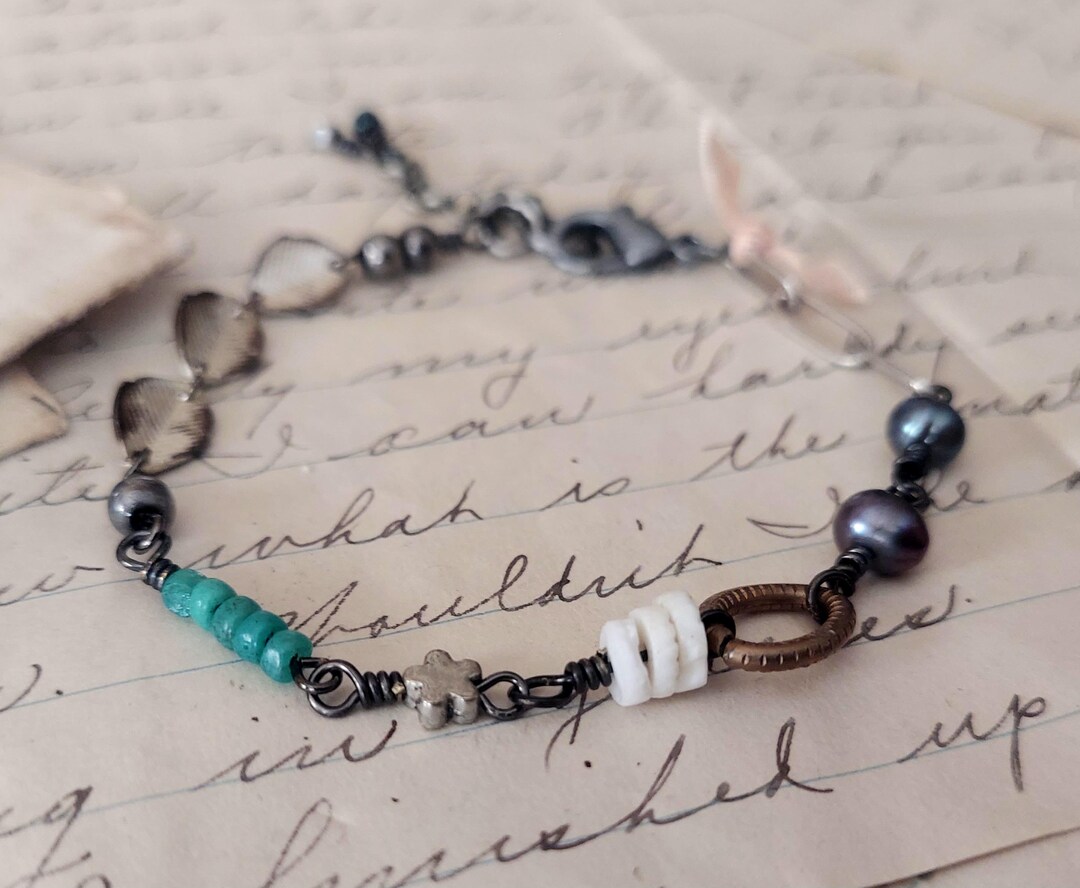 Dainty Assemblage Bracelet, Teal White Bracelet, , Earthy Boho Bracelet ...