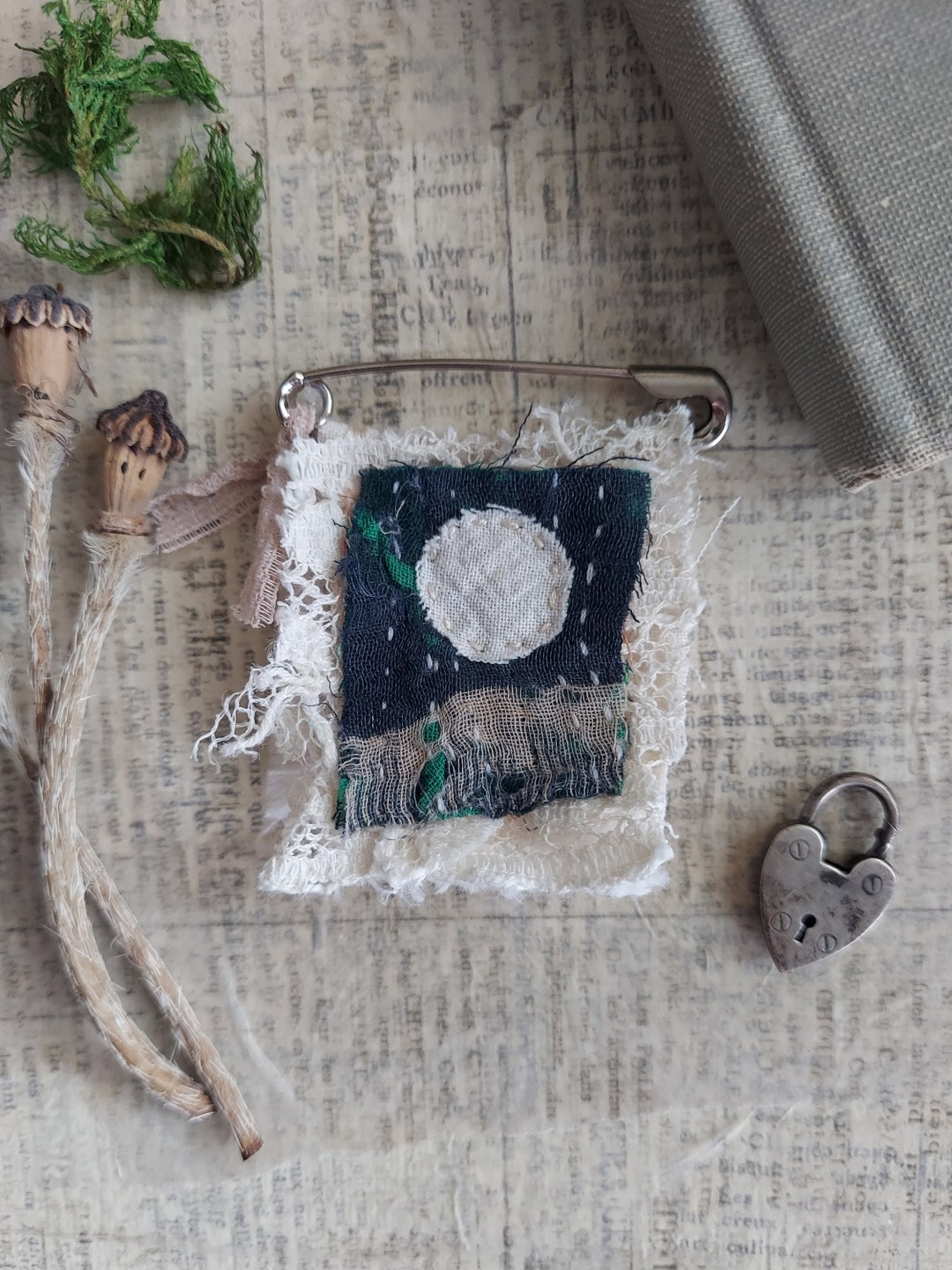 Romantic Vintage Lace Night Sky, Moon Brooch, Full Moon Textile Brooch ...