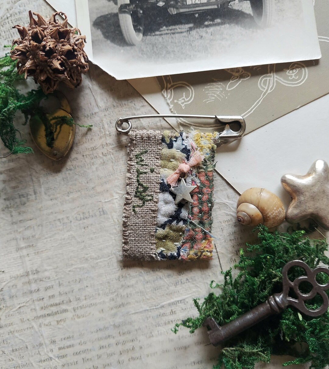 Textile Art Brooch, Slow Stitch Brooch, Vintage Button Brooch ...