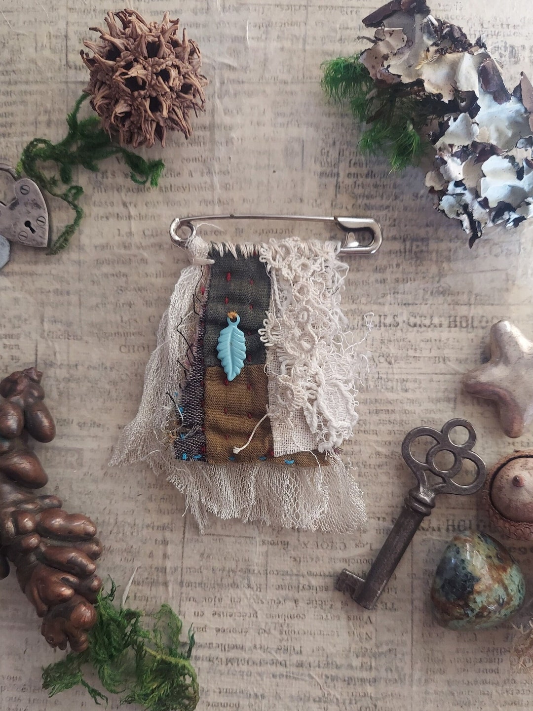 Romantic Vintage Lace Blue, Green, and White Textile Brooch, Textile ...