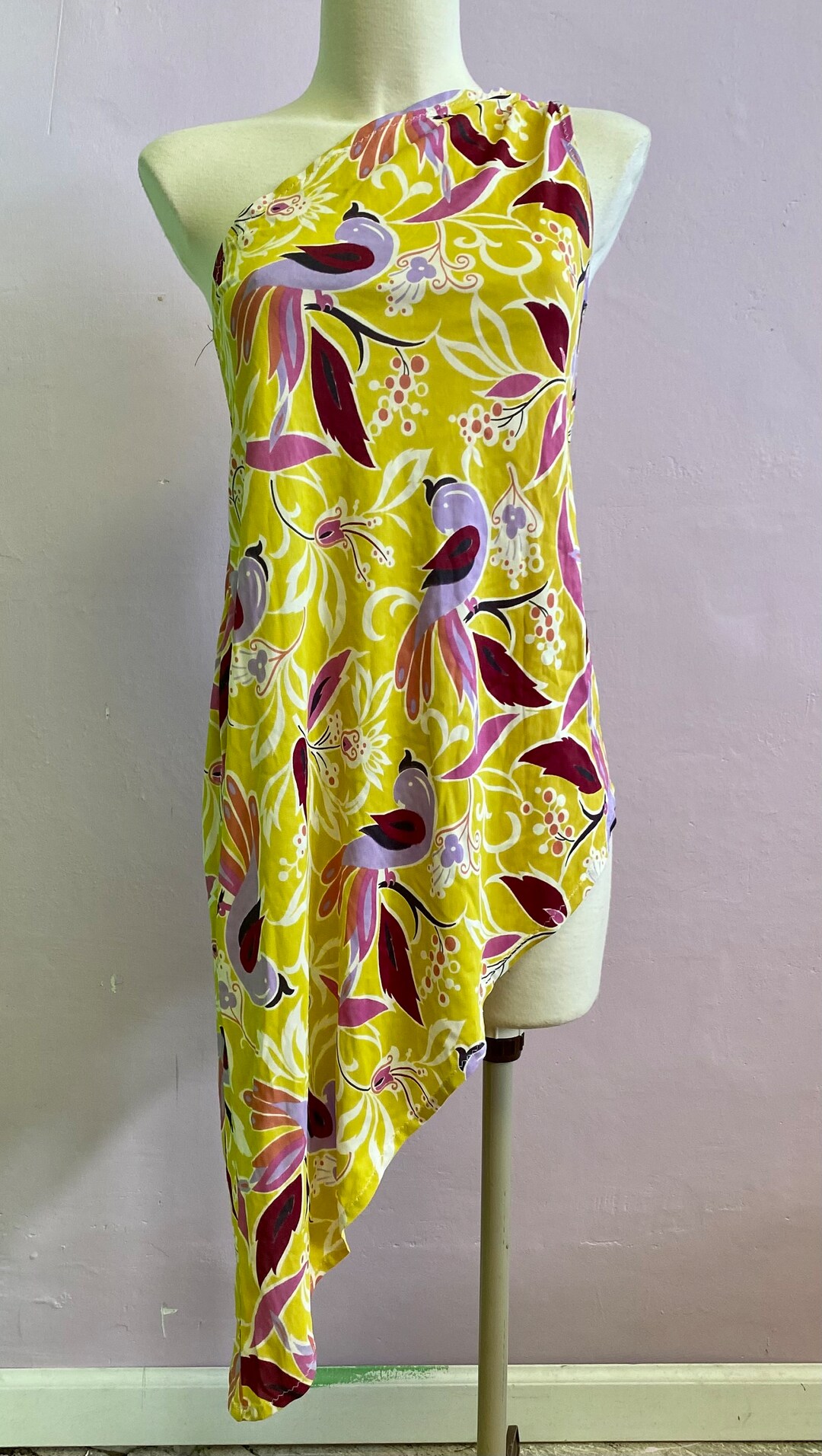 Asymmetrical Chartreuse Purple Bird Print Dress Vintage Fabric Handmade ...