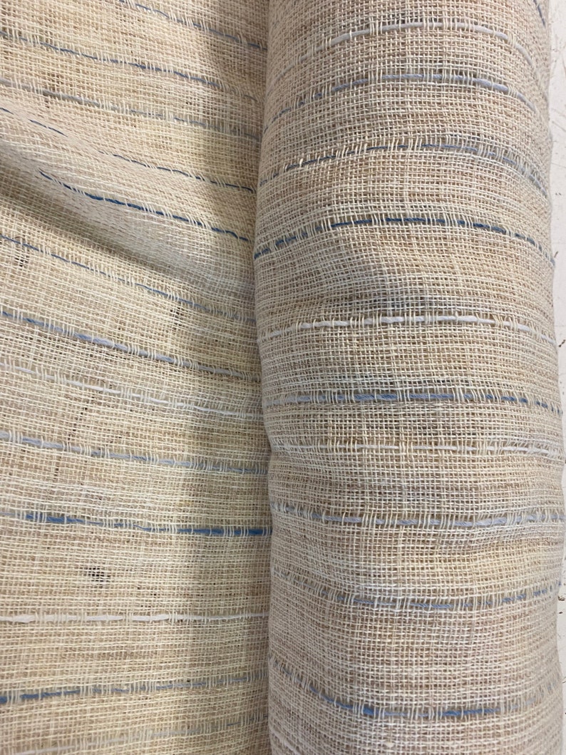 Vintage 1960s-70s Loose Open Weave Drapery Fabric Blue White Striped ...