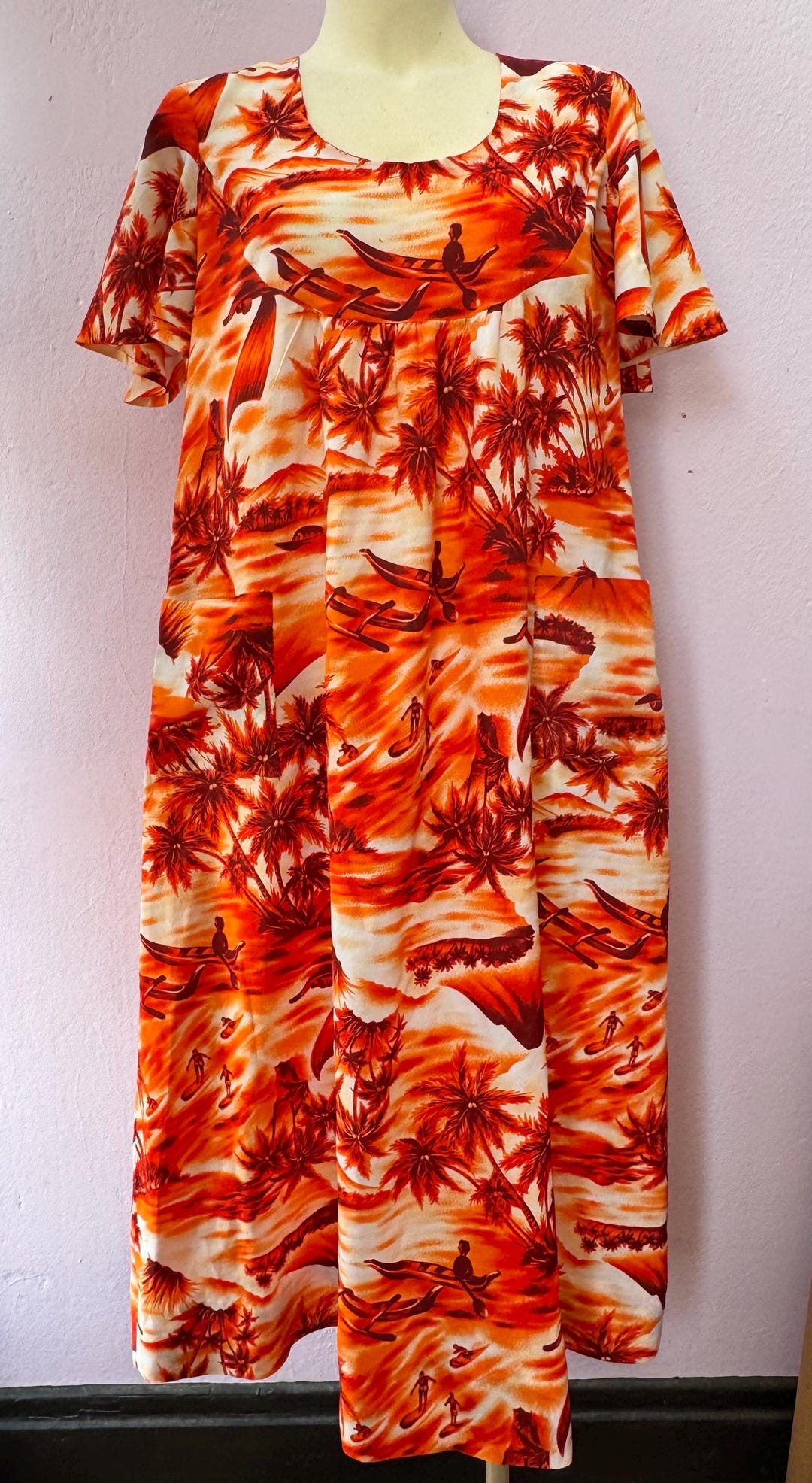 Vintage Red Orange Hawaiian Palm Tree Ocean Hawaii Maxi Dress Muumuu - Etsy