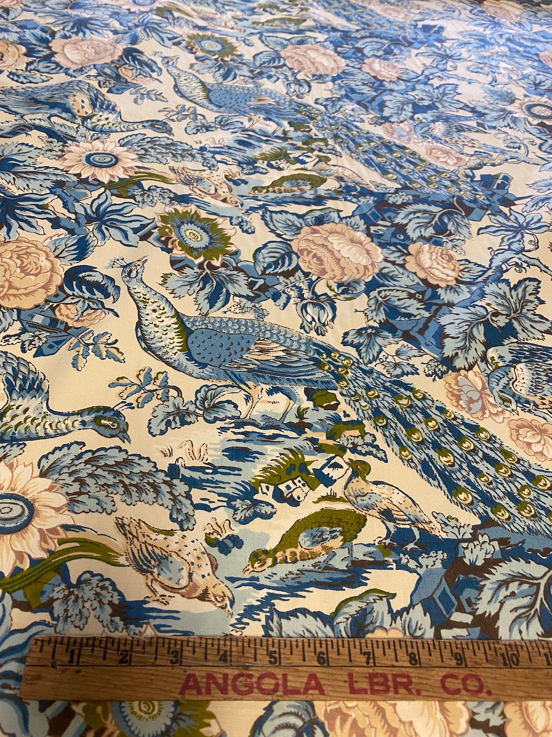 Vintage Blue Pink Green Peacock Fabric Cotton Upholstery Drapery ...