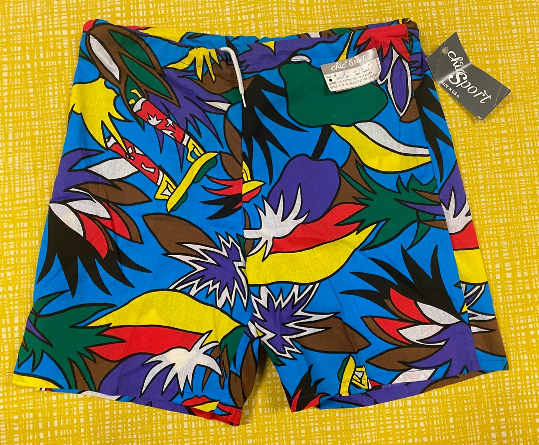 Vintage 80s Chic Sport Jams Shorts Hawaiian Beach Floral Tropical Print ...