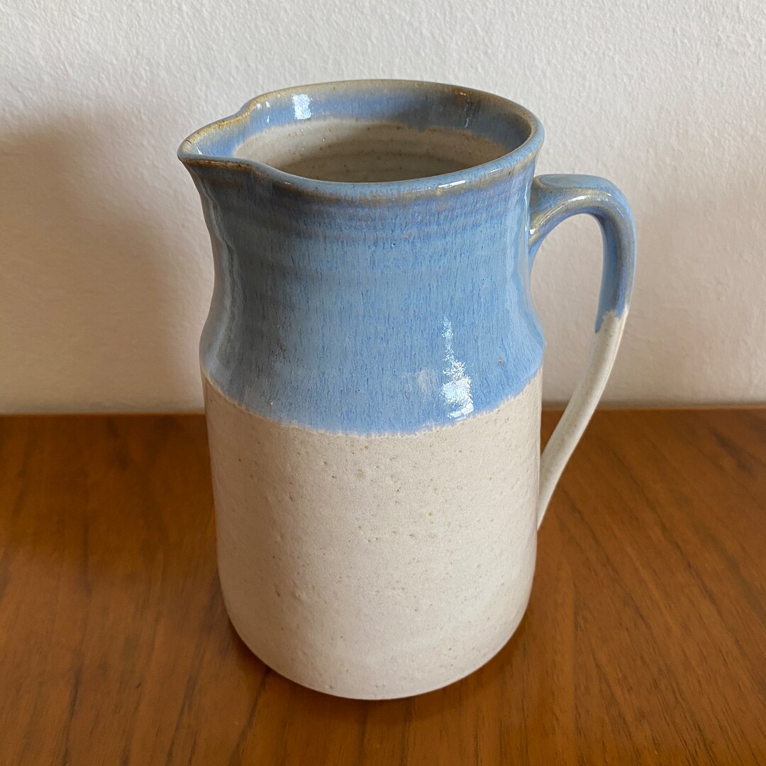 Vintage Studio Pottery Pitcher-blue & White-pat Look Signed-water Jug ...