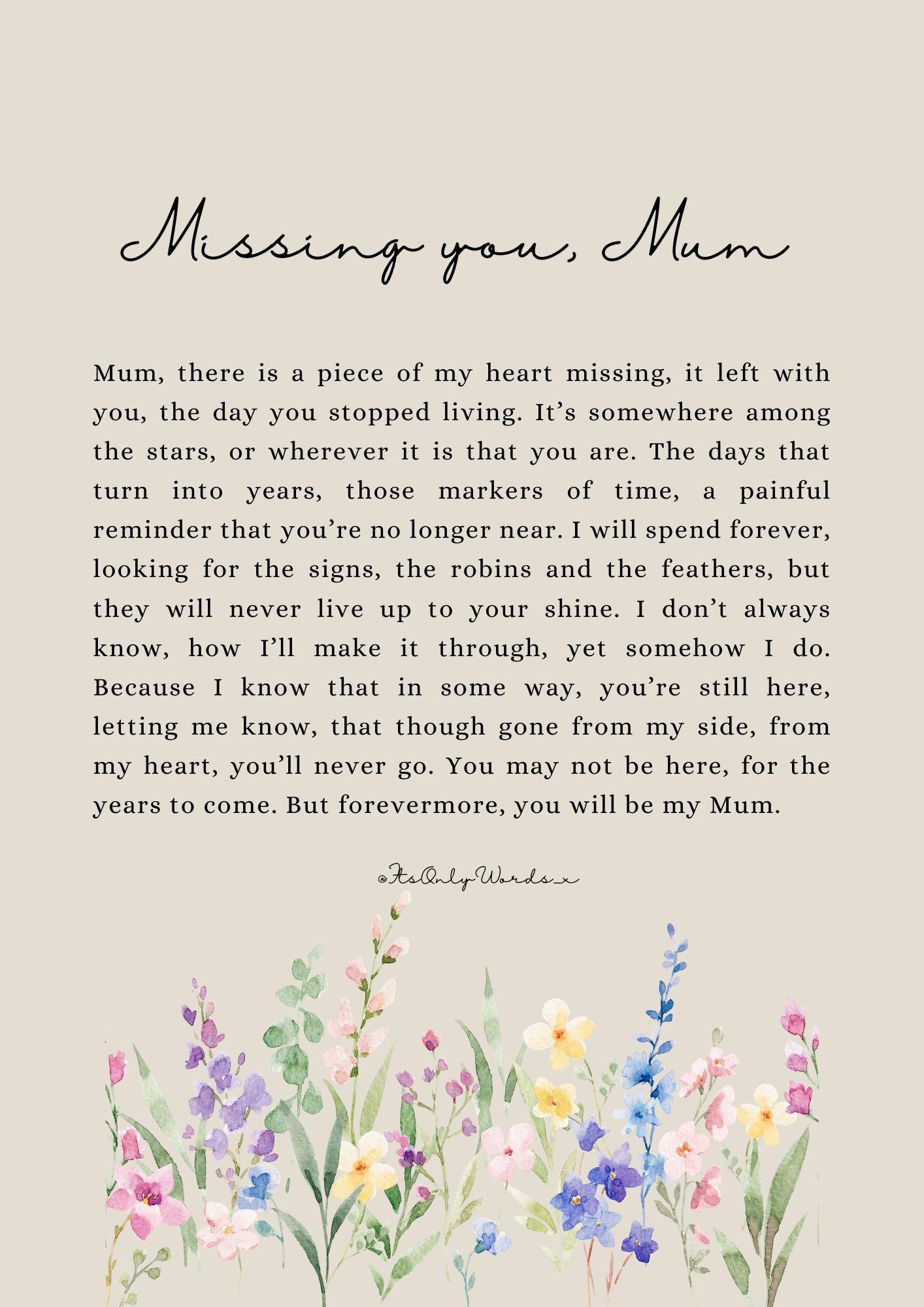 Missing You Mum - Poem Print | Grief Gift | Loss of Mother | Memorial ...