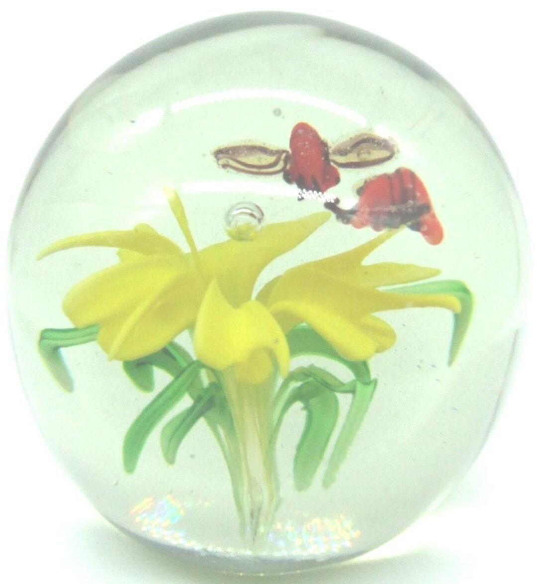 Hand-blown Glass Paperweight, With a Yellow Flower and Two Bees/hornets ...
