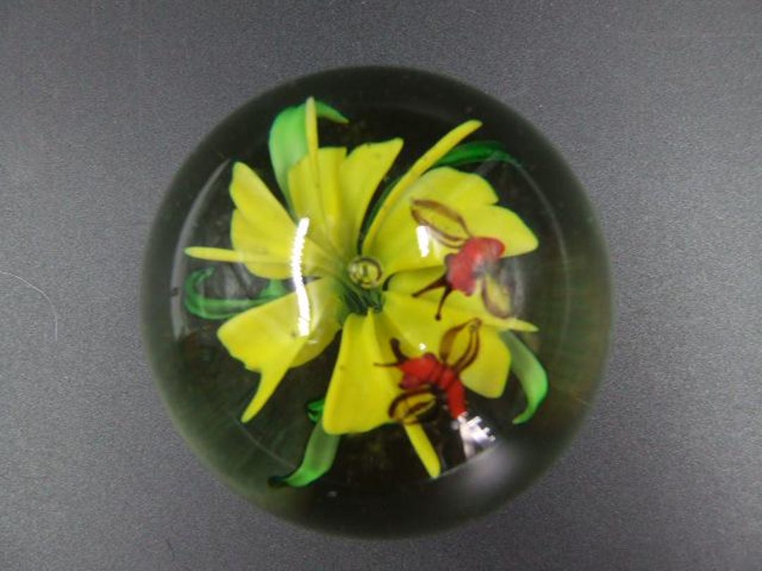 Mid‑century Hand-blown Glass Paperweight, With a Yellow Flower and Two ...