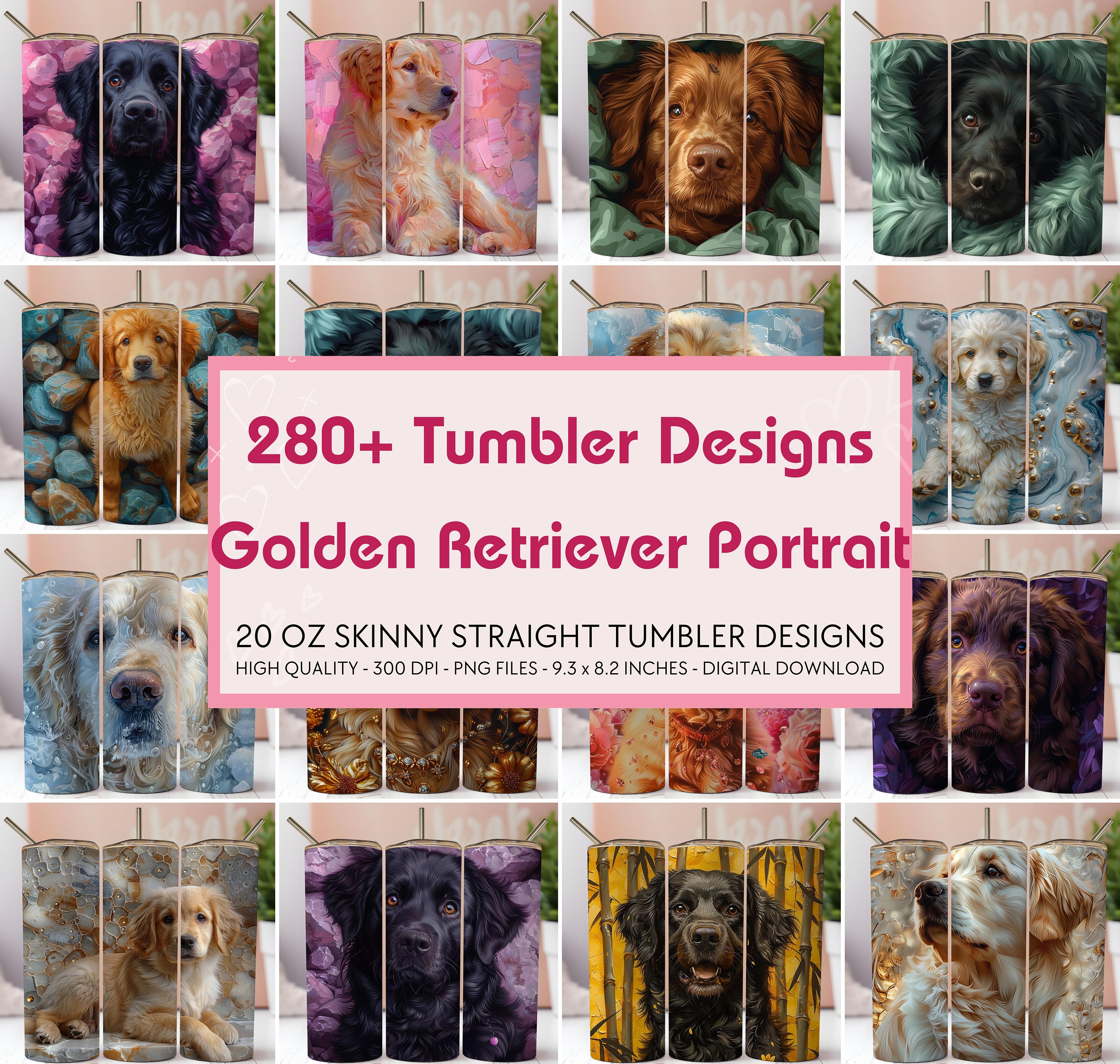 Golden Retriever Portrait, 280+ Designs, Tumbler Design Bundle, 20oz ...