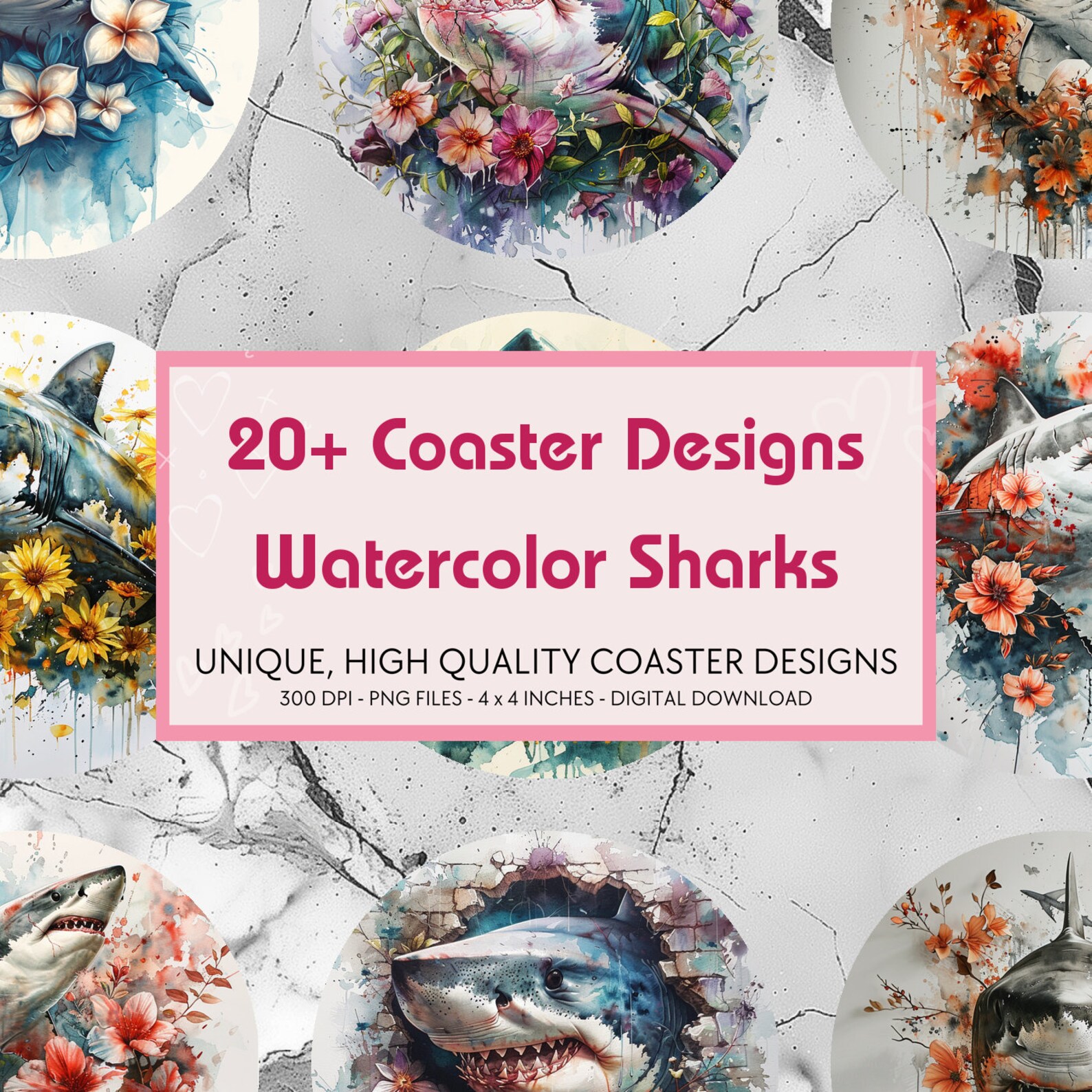 Watercolor Sharks 20 Coaster Designs, Unique Car Coaster, Car Coaster ...