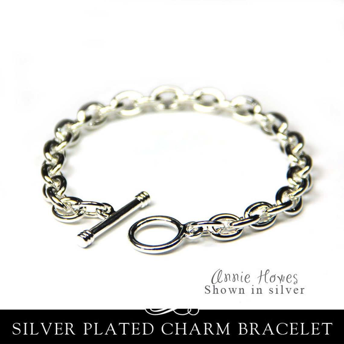 Silver Charm Bracelet Link Chain With Toggle Clasp in Shiny Silver ...