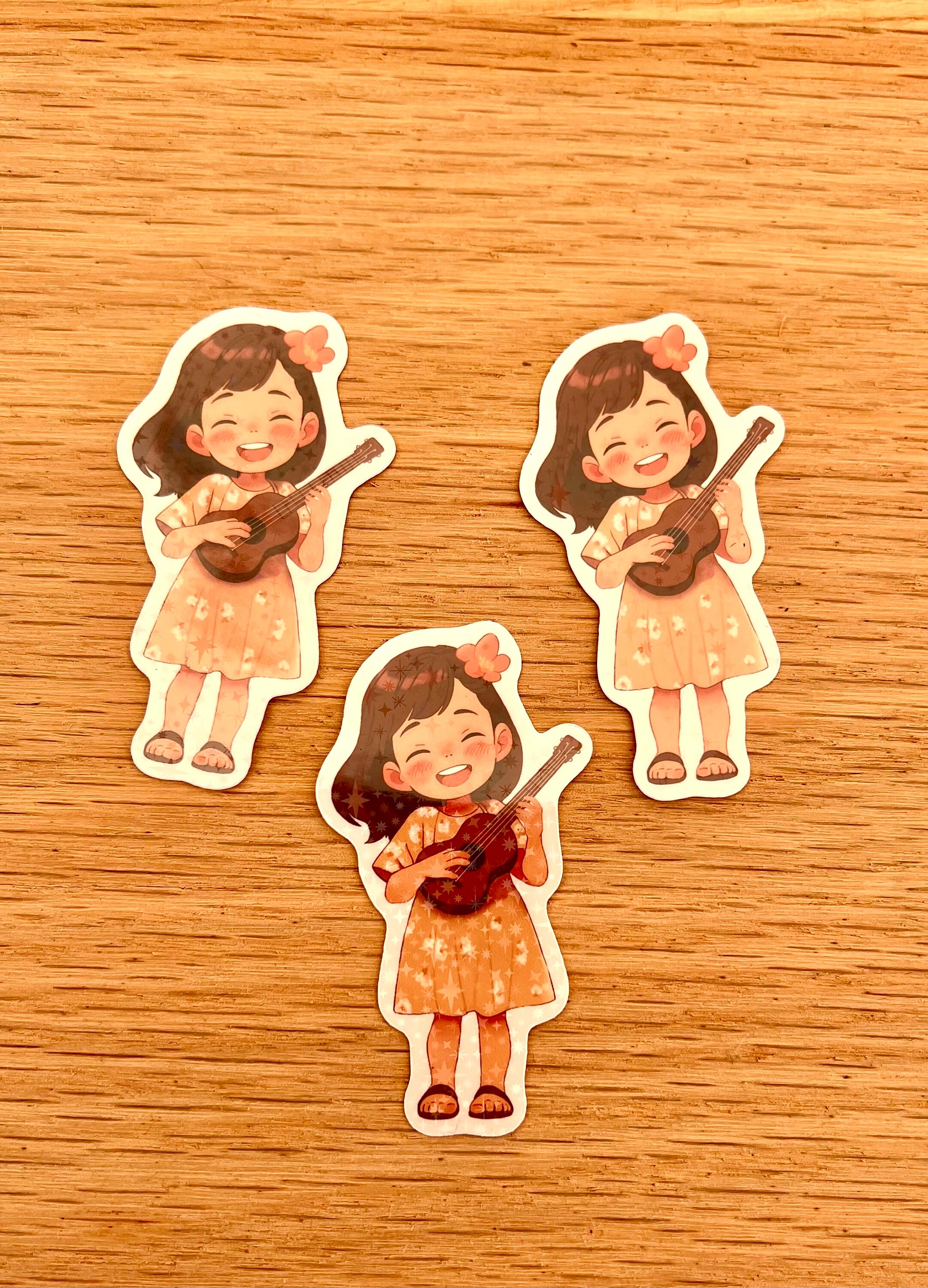 Cute Young Girl Playing Ukulele Colorful Music Decal, Cute Holographic ...