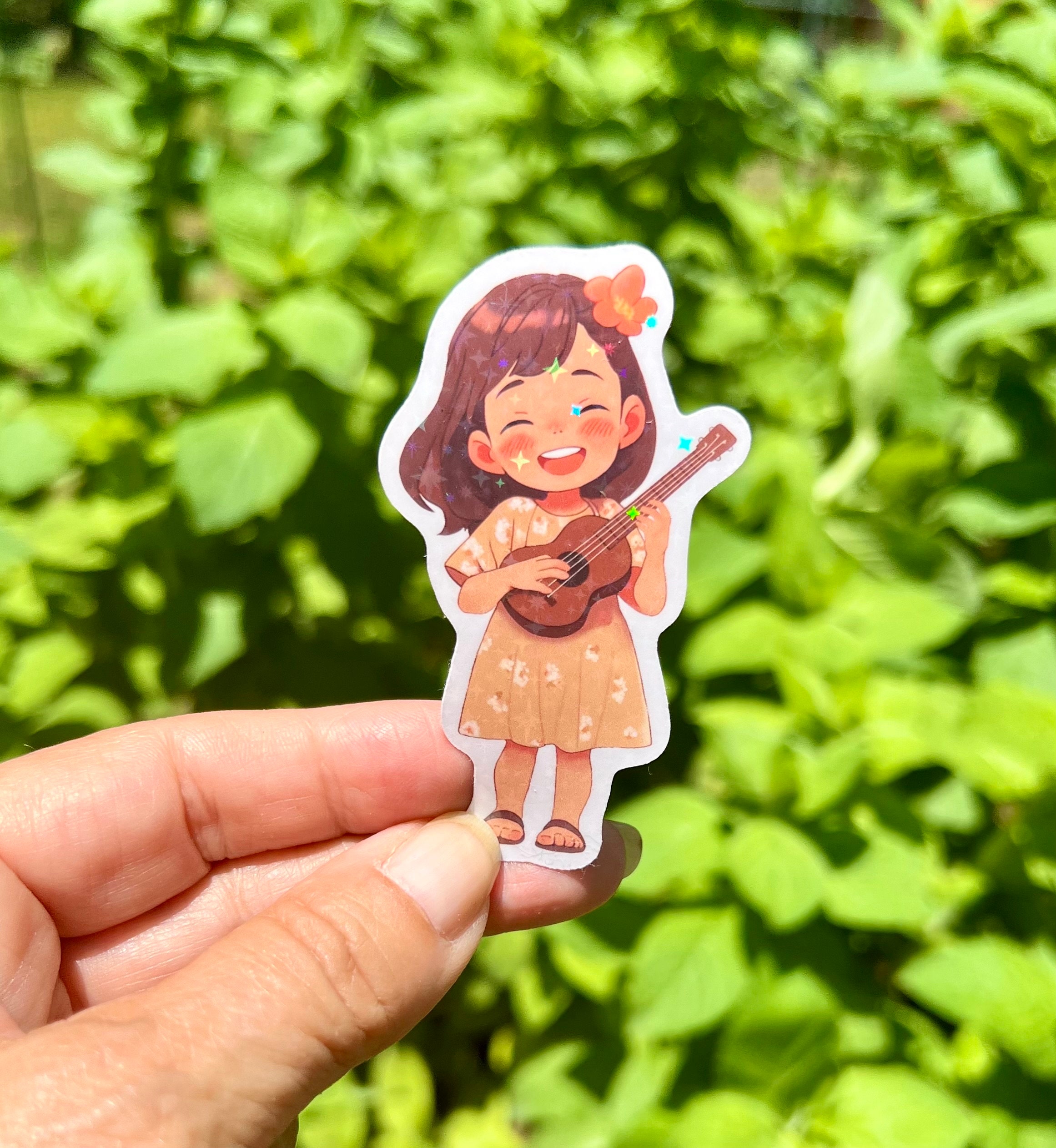 Cute Young Girl Playing Ukulele Colorful Music Decal, Cute Holographic ...