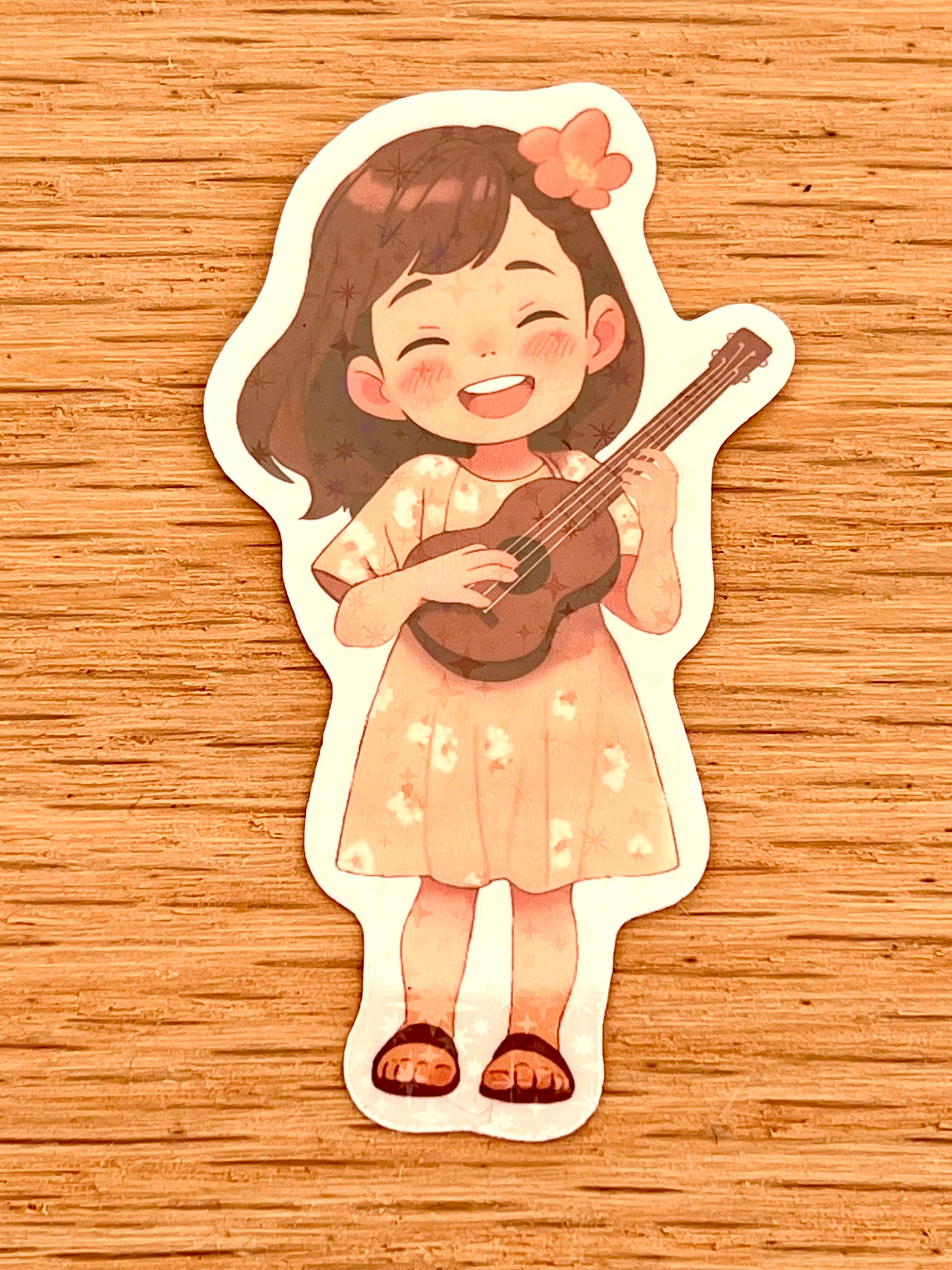 Cute Young Girl Playing Ukulele Colorful Music Decal, Cute Holographic ...