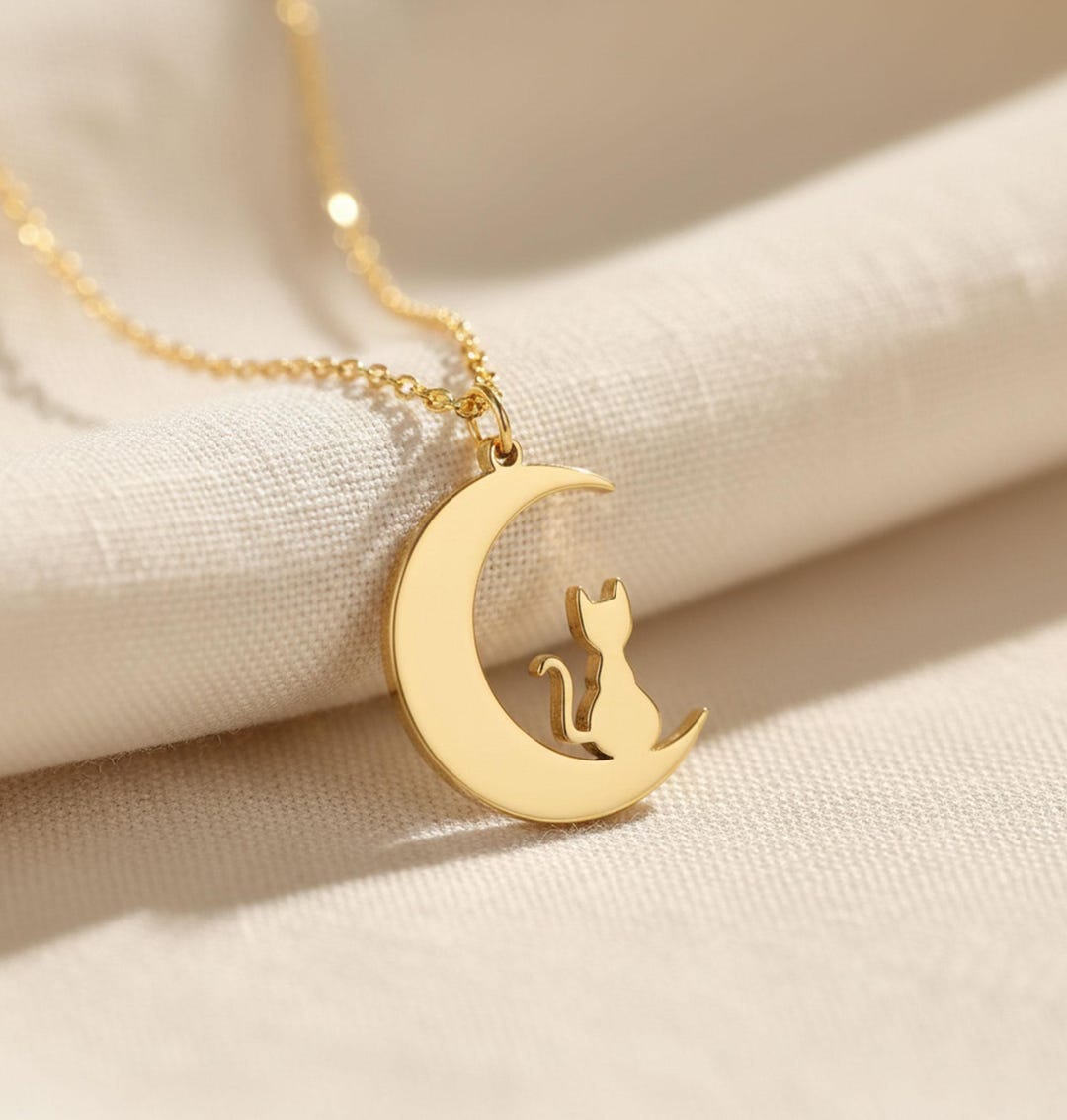 Cat Moon Necklace: Gold Lunar Cat Pendant, Pet Memorial Jewelry ...