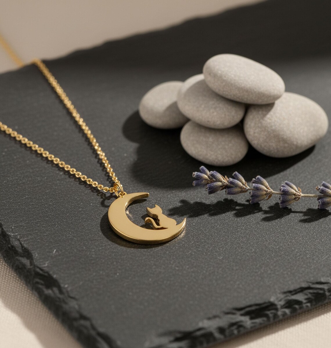 Cat Moon Necklace: Gold Lunar Cat Pendant, Pet Memorial Jewelry ...