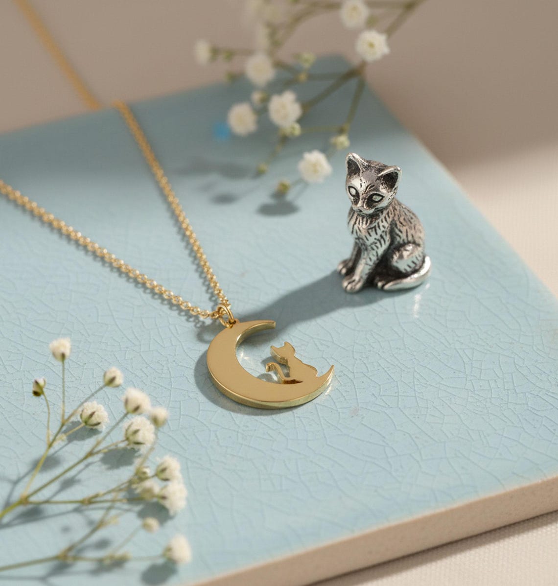 Cat Moon Necklace: Gold Lunar Cat Pendant, Pet Memorial Jewelry ...