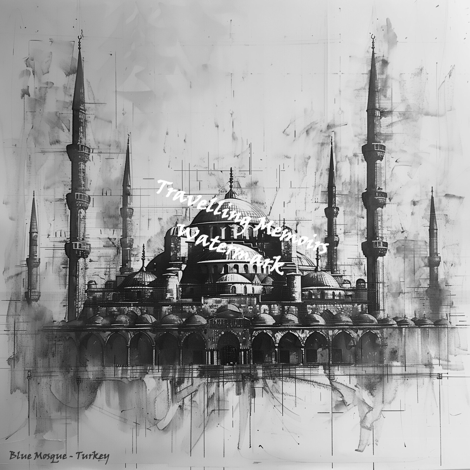 Digital Poster of Blue Mosque in Turkey Using Charcoal Hatching Sketch ...