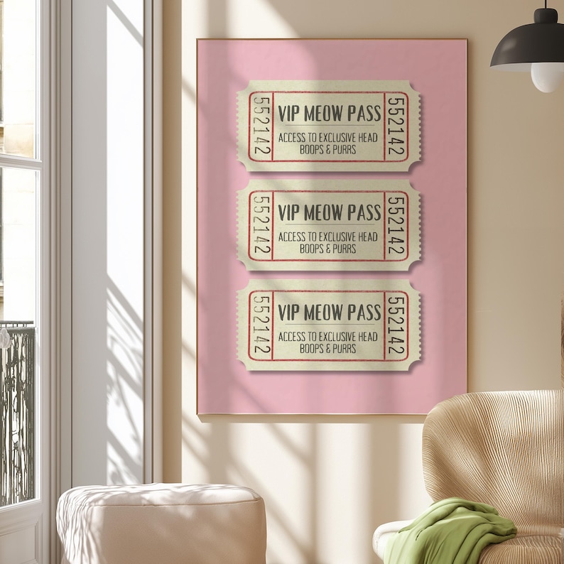 VIP Meow Pass Cat Raffle Ticket Poster, Pink Vintage Retro Print ...