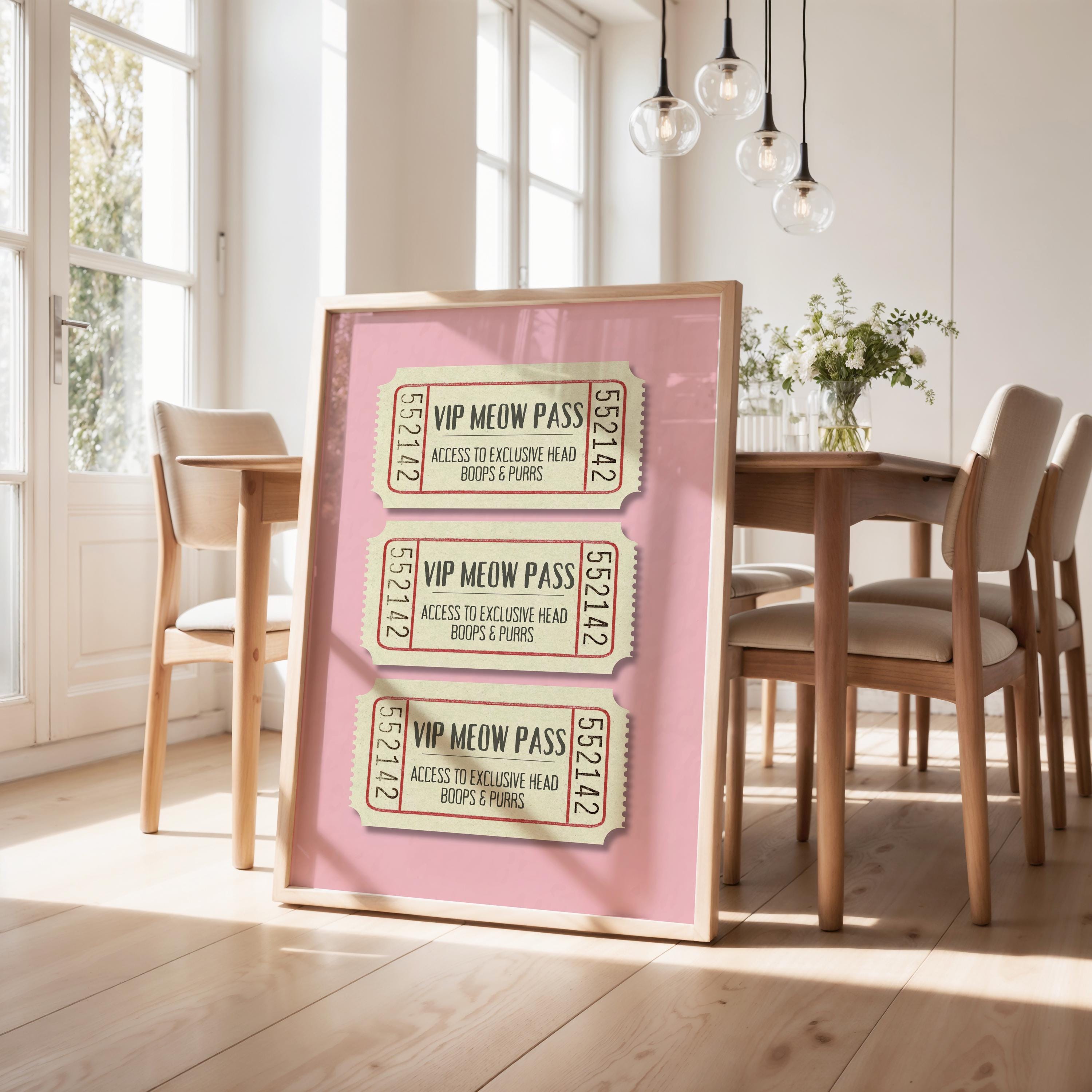 VIP Meow Pass Cat Raffle Ticket Poster, Pink Vintage Retro Print ...