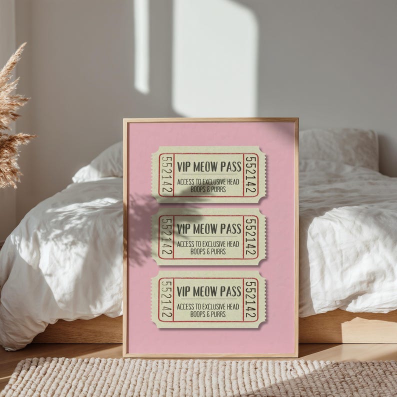 VIP Meow Pass Cat Raffle Ticket Poster, Pink Vintage Retro Print ...