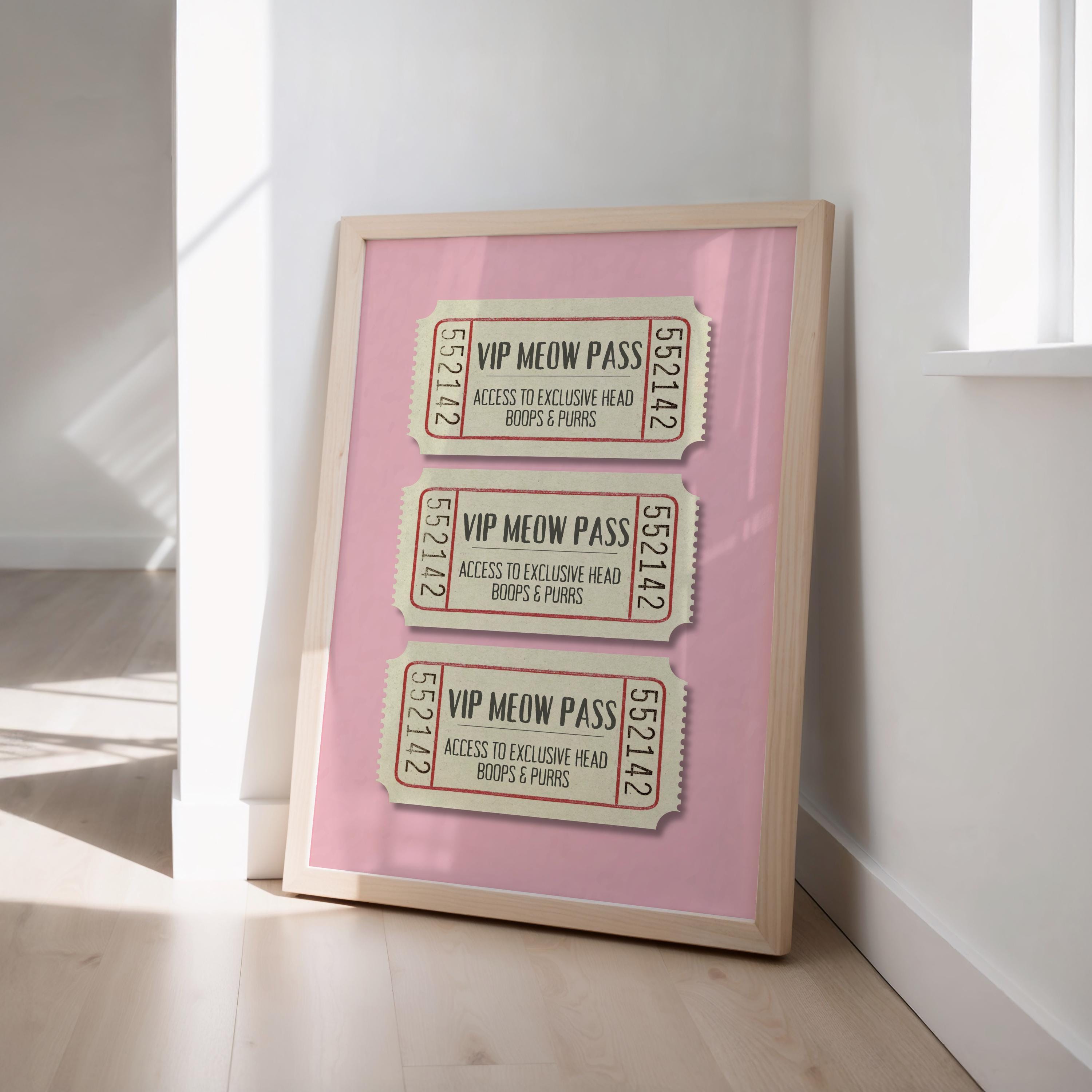 VIP Meow Pass Cat Raffle Ticket Poster, Pink Vintage Retro Print ...