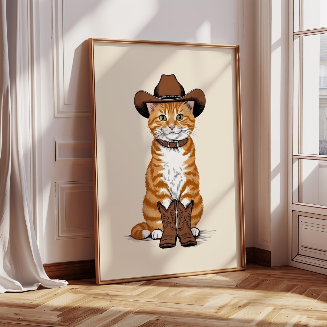 Cowboy Cat Art Print, Western Pet Portrait, Funny Animal Decor, Cat in ...