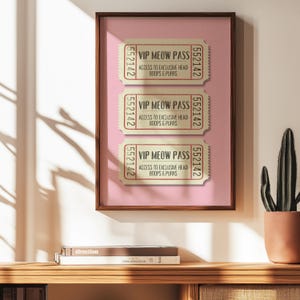 VIP Meow Pass Cat Raffle Ticket Poster, Pink Vintage Retro Print ...