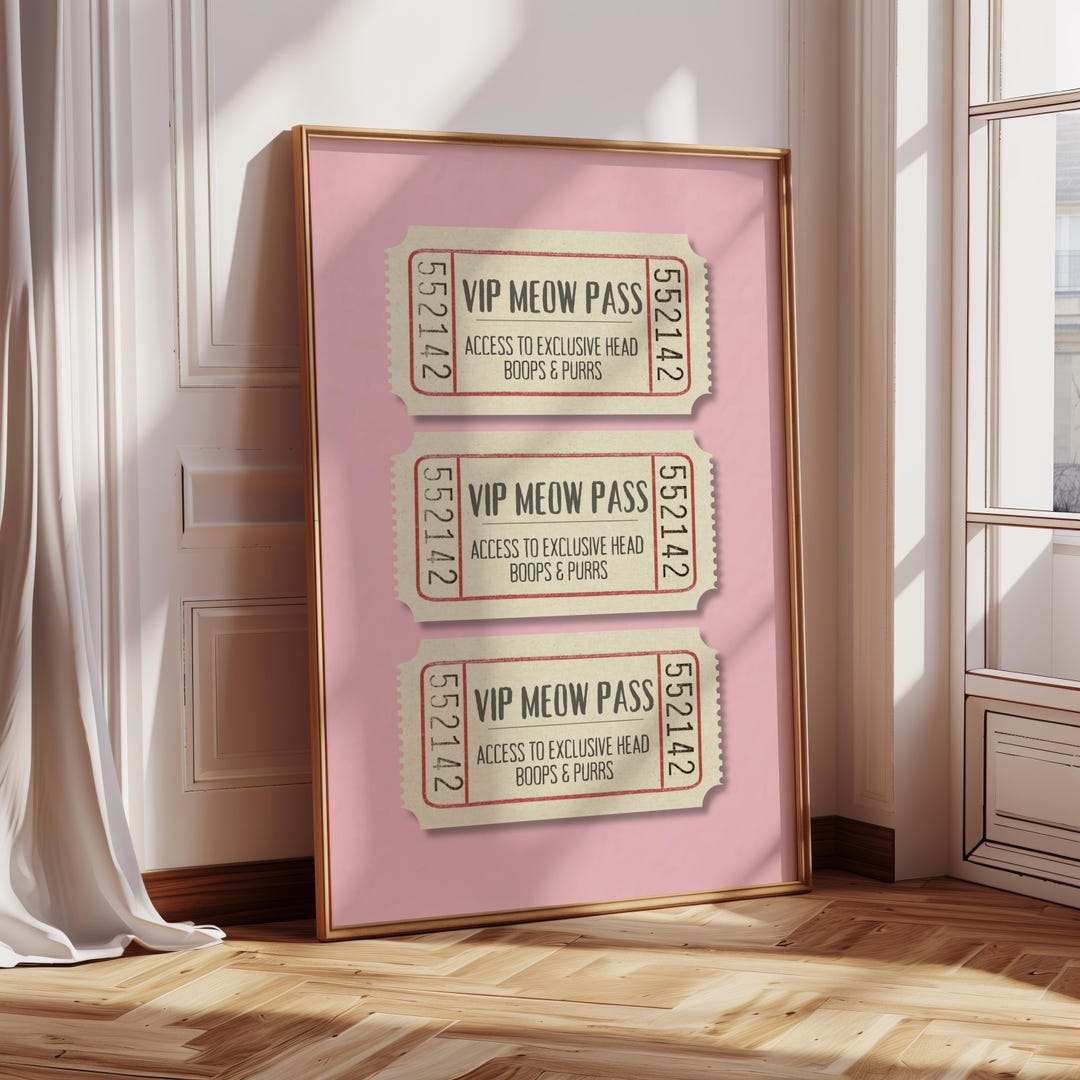 VIP Meow Pass Cat Raffle Ticket Poster, Pink Vintage Retro Print ...