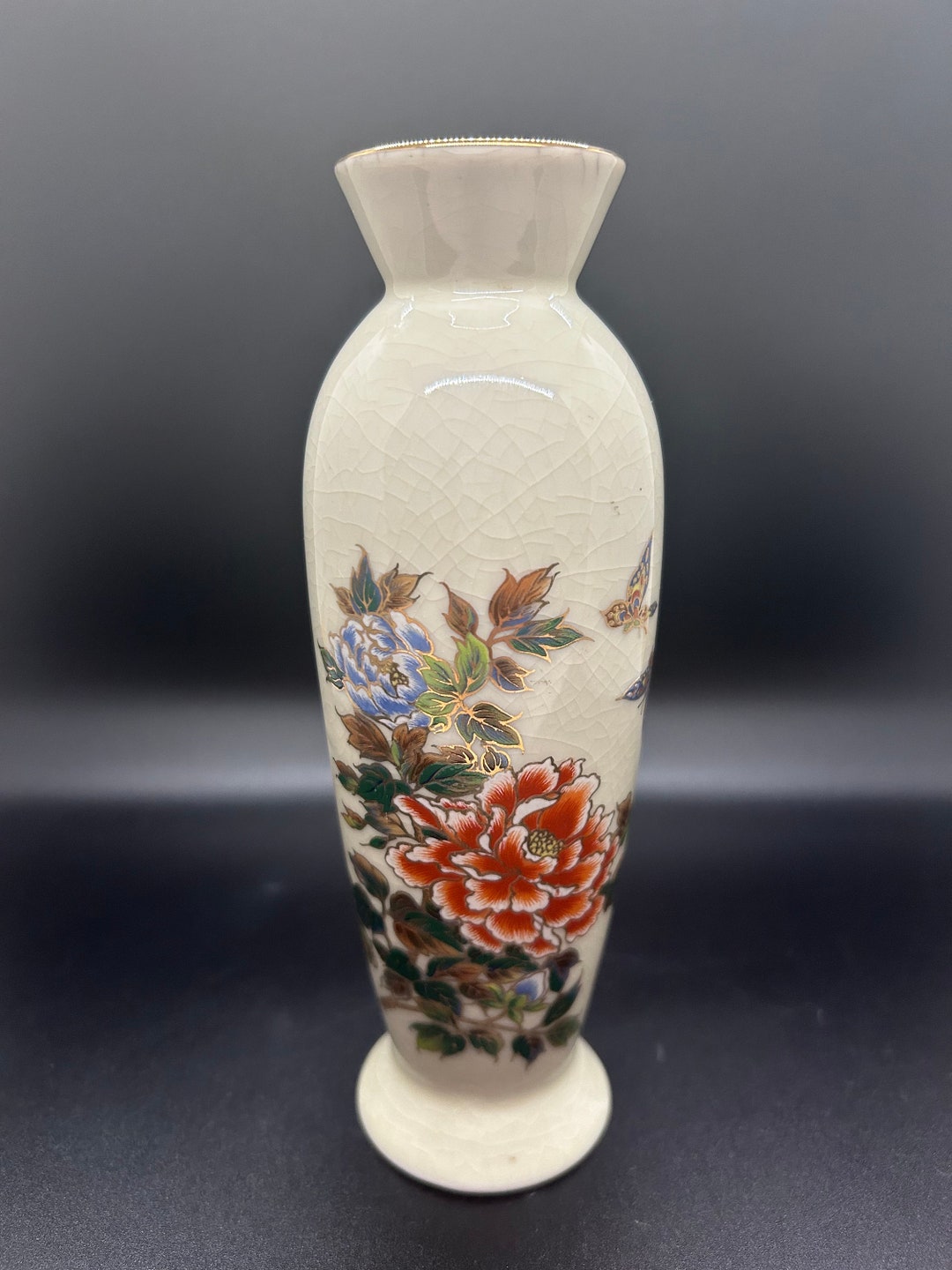 Small Japanese Vase 6.75 Tall Hand Painted With Flowers, Butterflies, and Gold Trim - Etsy