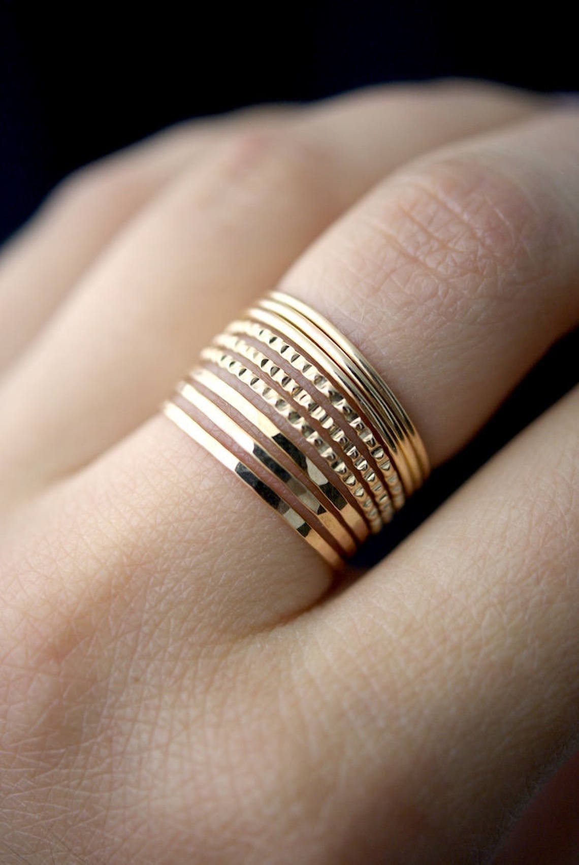 Lined Set of 9 | 14K Gold-fill | Medium Thick | Maximalist Ring Stack ...