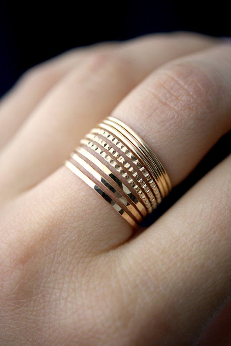 Lined Set of 9 | 14K Gold-fill | Medium Thick | Maximalist Ring Stack ...