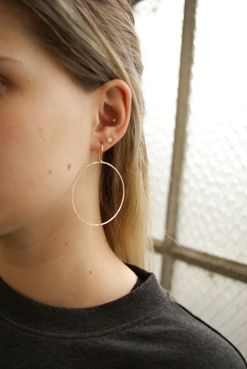 Solid Gold Simple Hammered Dangle Hoop Earrings 14k Gold Etsy