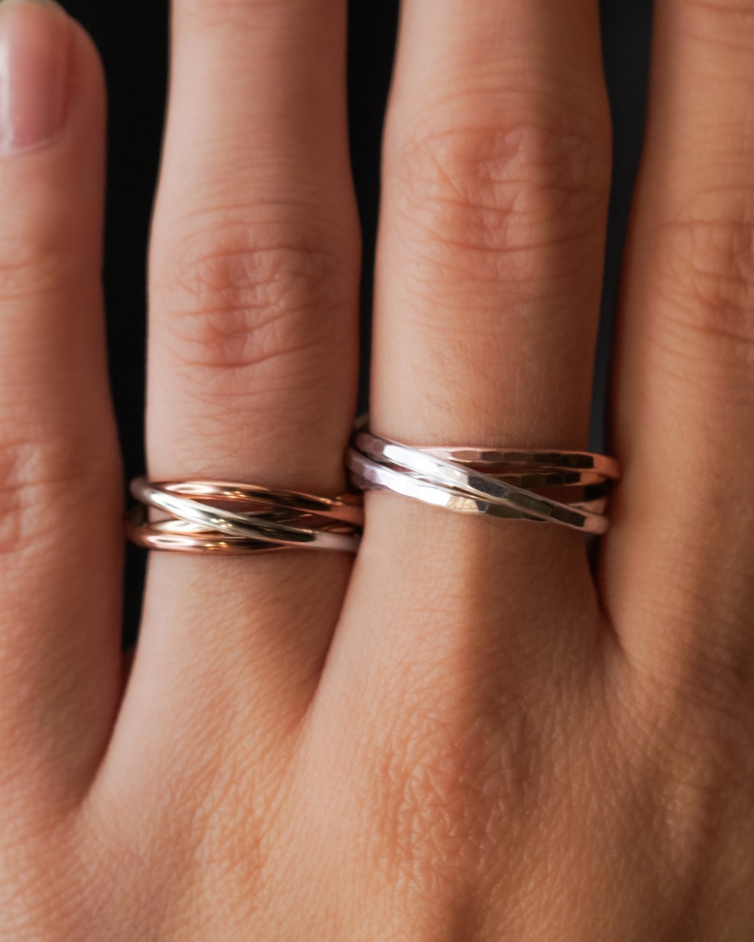 Mixed Metal Thin Interlocking Set of 4 Rings Rose Gold, Gold Fill, or ...