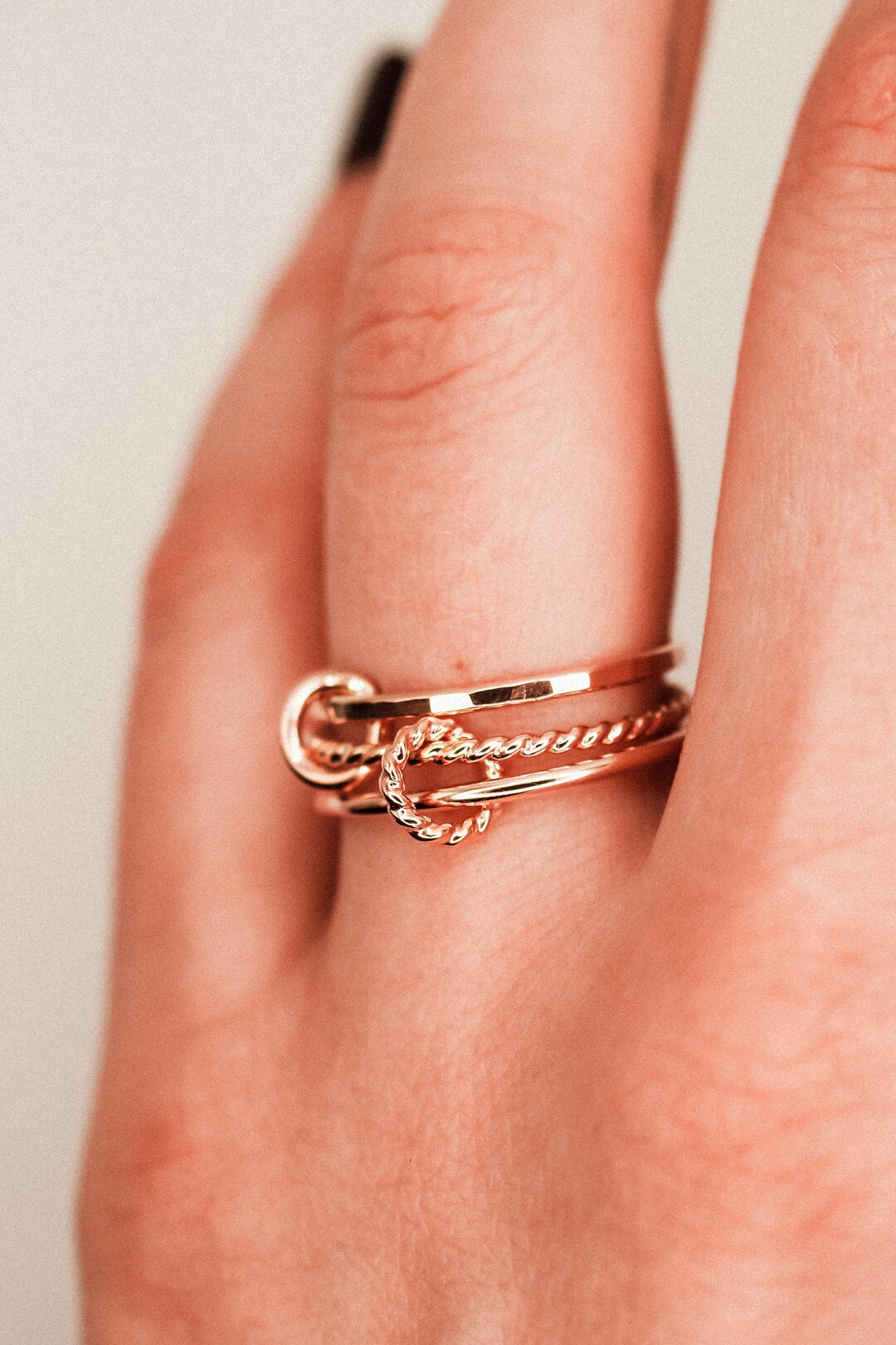 Twist Ladder Link Ring, Set of 3 Rings With 2 Links, 14K Rose Gold Fill ...