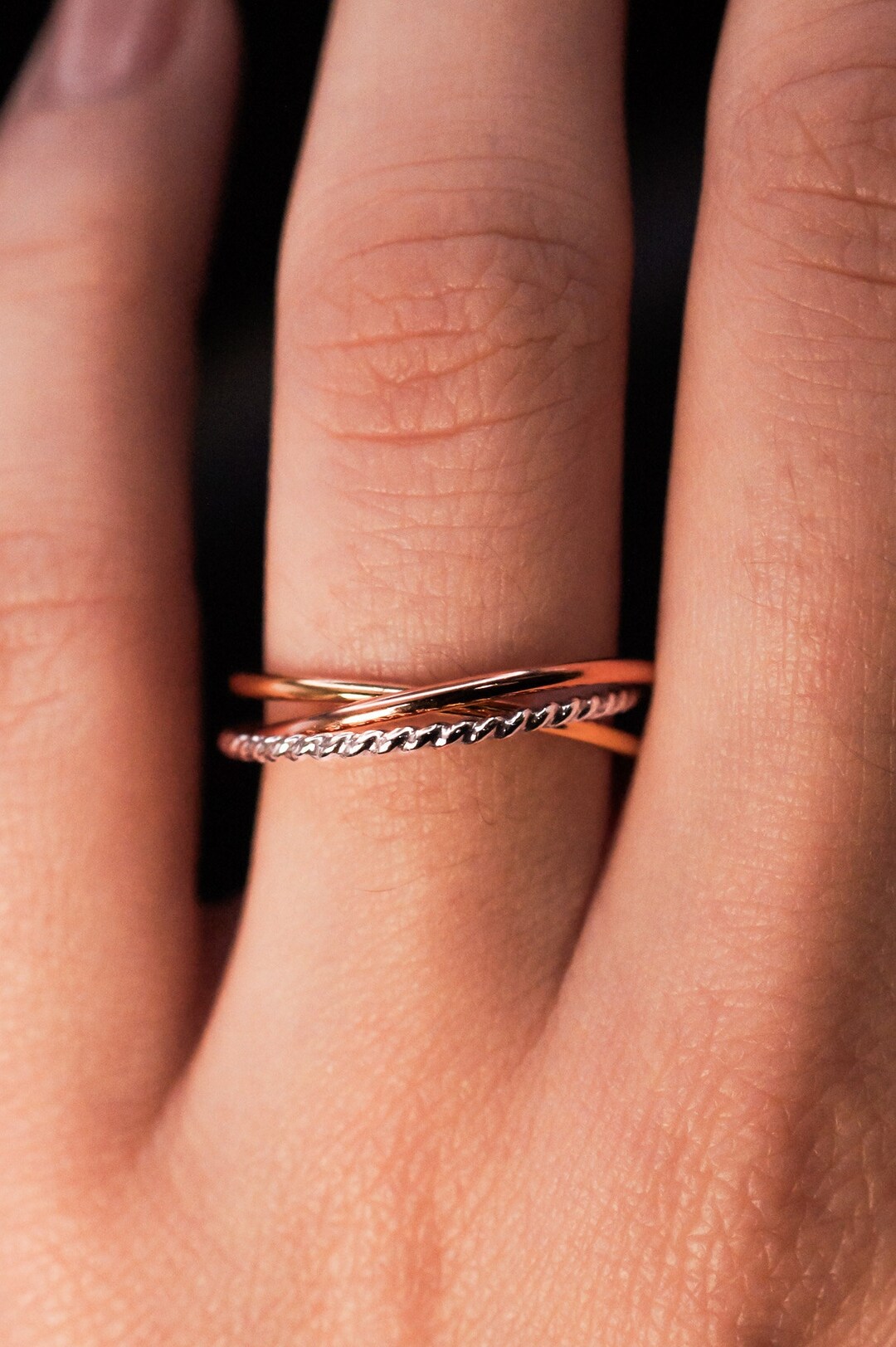 Set of 3 Twist Interlocking Rings, 14K Gold Fill, Rose Gold Fill or Sterling Silver, Smooth ...