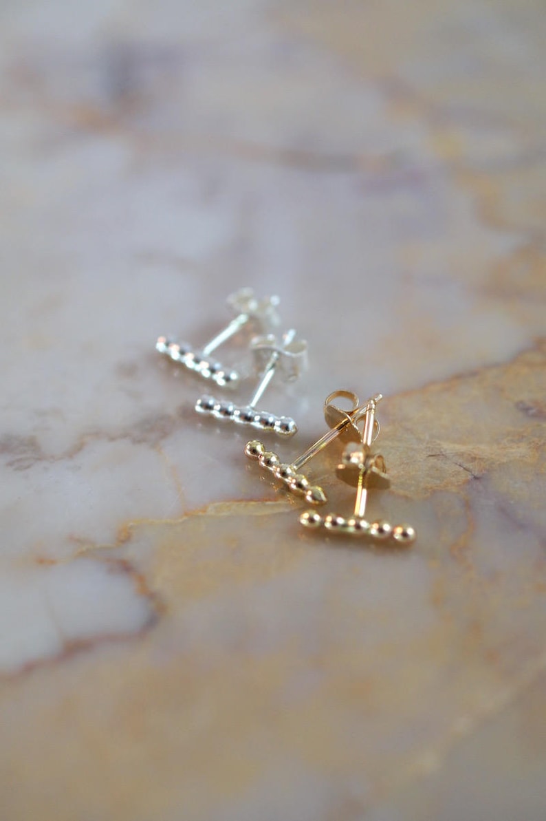Mini Bead Bar Stud Earrings in Sterling Silver, Short Silver Bar Stud ...