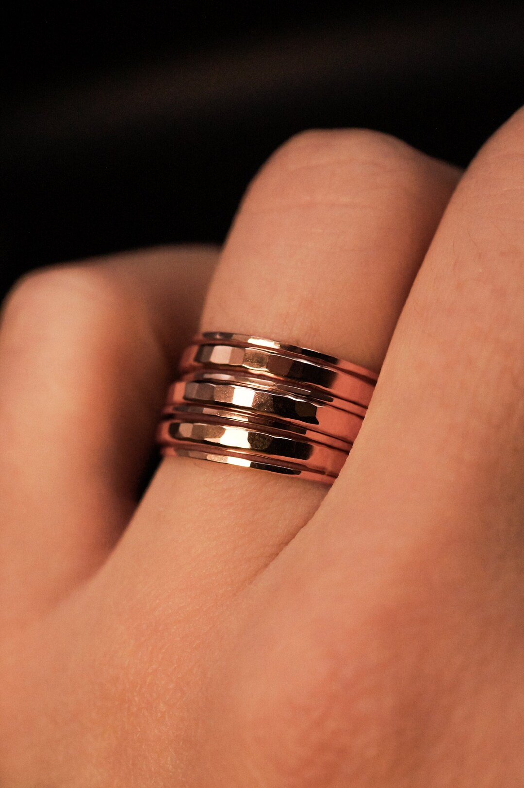Hammered Thick & Thin Set of 7 Stacking Rings | 14k Rose Gold Fill ...