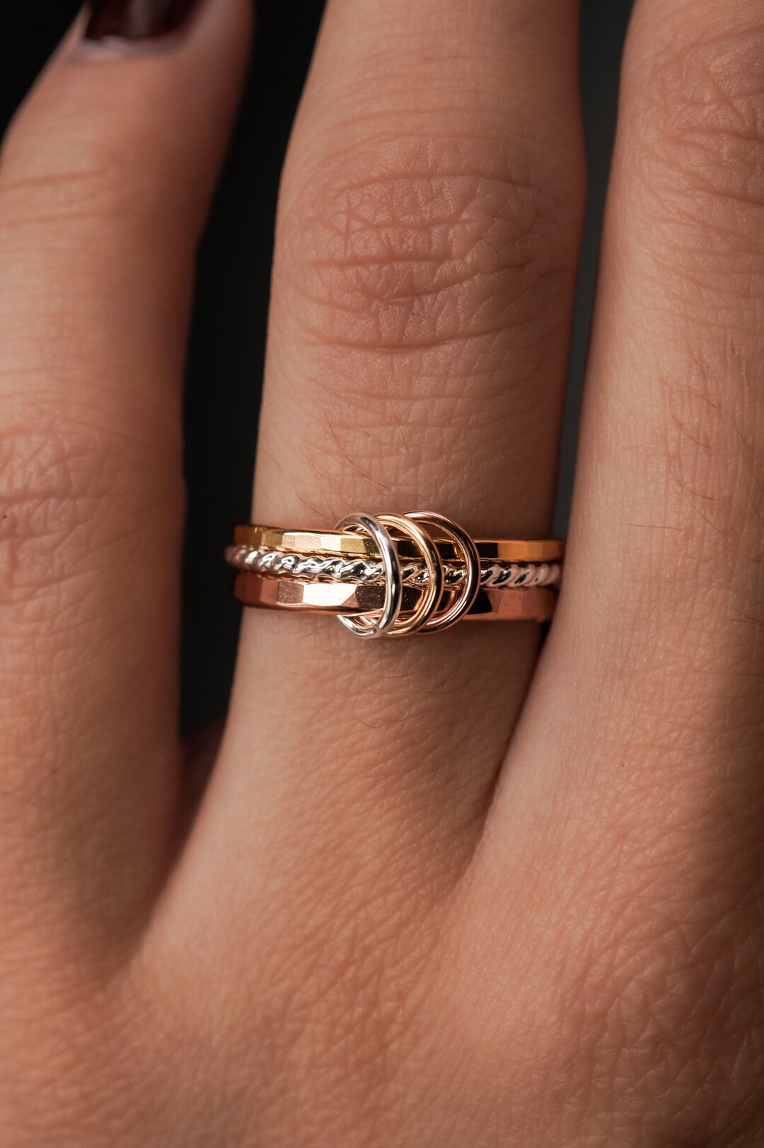 Triple Link Ring, Set of 3 Rings, 3 Links, Mixed Metals 14K + Sterling ...