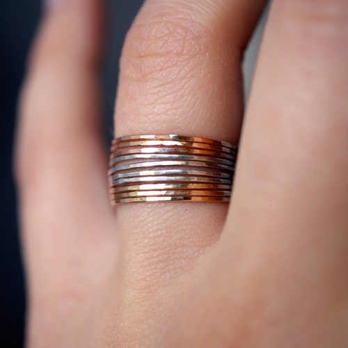 Mixed Metals Ring Set Hammered Stack Rings Stackable Ring Set - Etsy