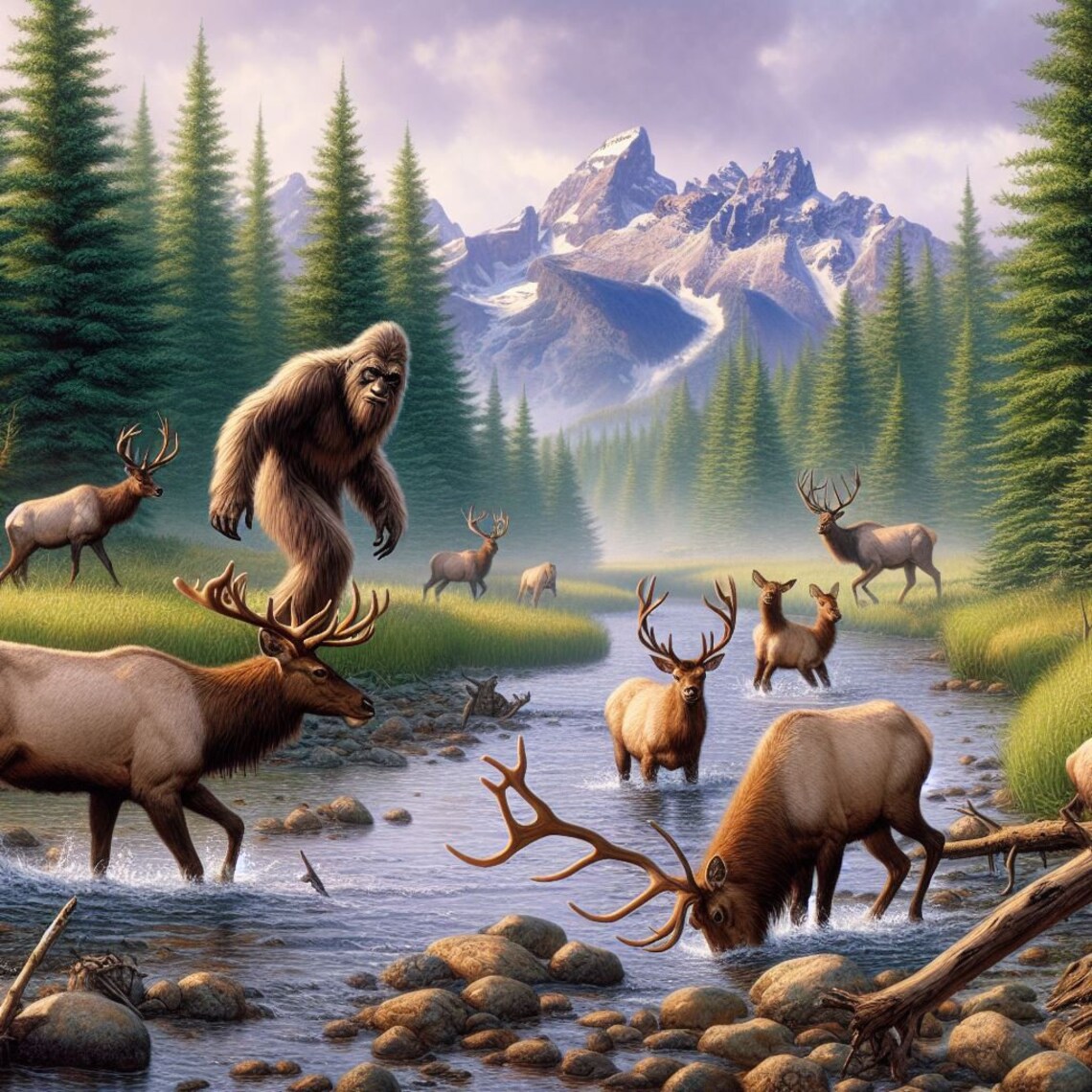 Sasquatch With His Elk Friends Oregon Etsy Canada
